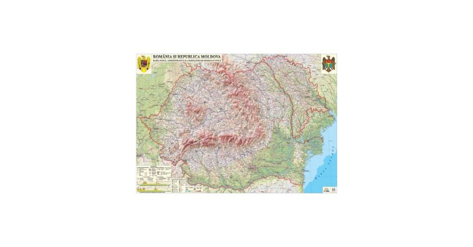 Romania si Republica Moldova. Harta fizica, administrativa si a ...