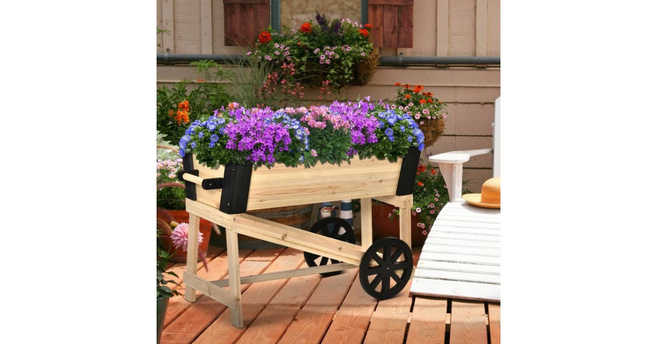 Outsunny Pat de gradina inaltat cu 2 roti din lemn, jardiniera suport ...