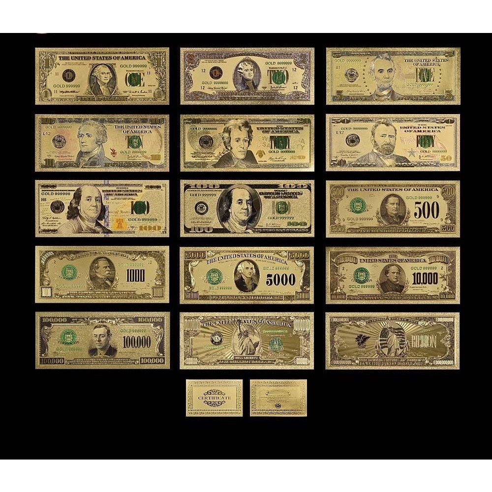 SUA - SET 15 BANCNOTE DOLARI COLOR POLYMER PLACAT CU AUR 24k ...