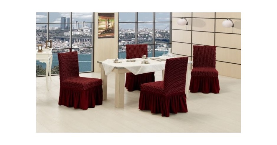 Set huse elastice, cu volanase pentru scaune, rosu bordo, 6 bucati ...