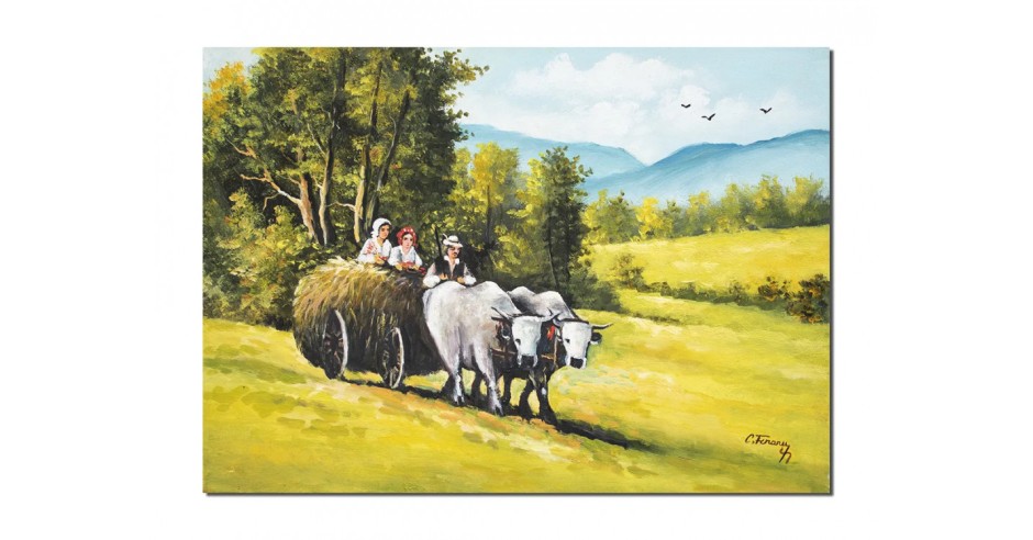 Tablou pictat manual, Car cu boi, 70x50cm ulei pe panza, reproducere Nicolae Grigorescu | arhiva ...