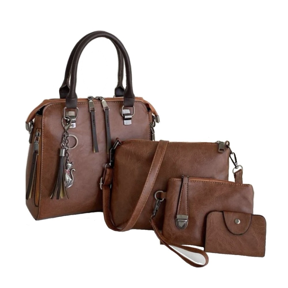 Set geanta de dama 35x27x12, 2 Genti, portmoneu si port card, maro ...
