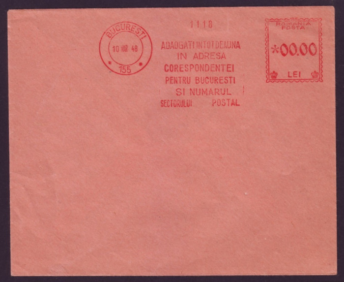 1948 Romania, Plic eseu RAR francatura mecanica timbru 0 Lei, reclama ...