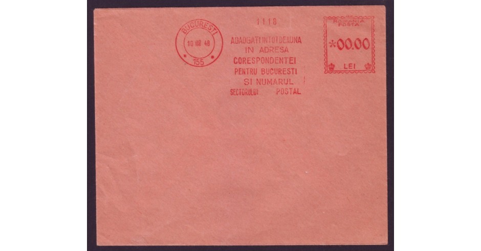 1948 Romania, Plic eseu RAR francatura mecanica timbru 0 Lei, reclama ...