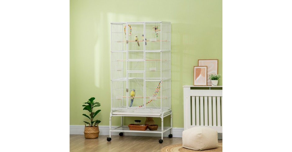 PawHut Cusca pentru pasari cu 3 niveluri, cu suport, roti, jucarii ...