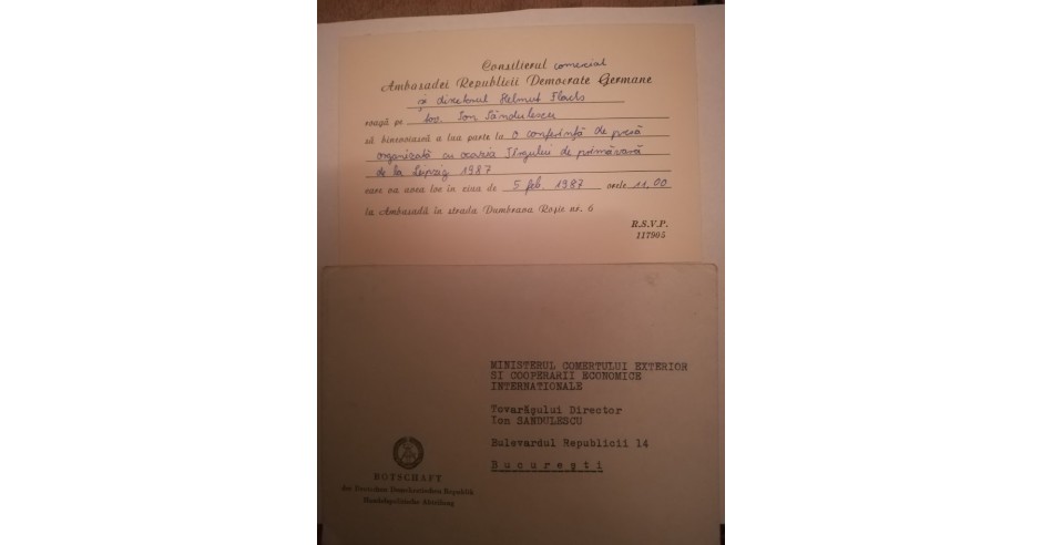 1987 Invitatie Ambasada RDG Bucuresti + plic comunism comert exterior ...