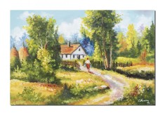 Tablou Peisaj din natura, casa taraneasca pictat manual, 60x40cm ulei ...