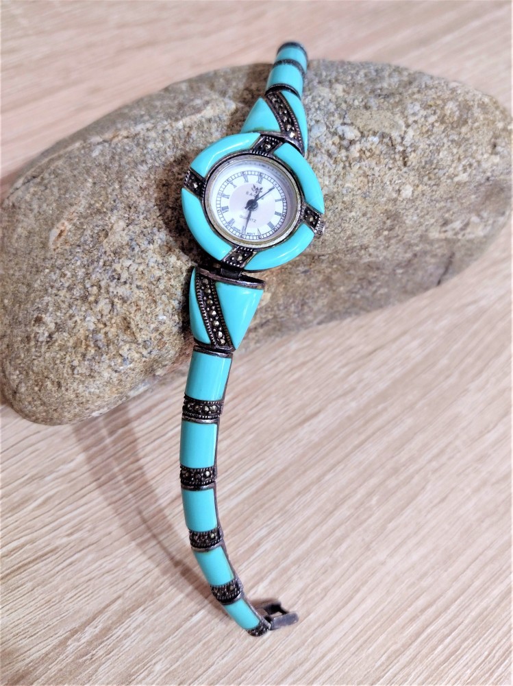 Elegant ceas de mana argint masiv si turcoaz - stare foarte buna ...