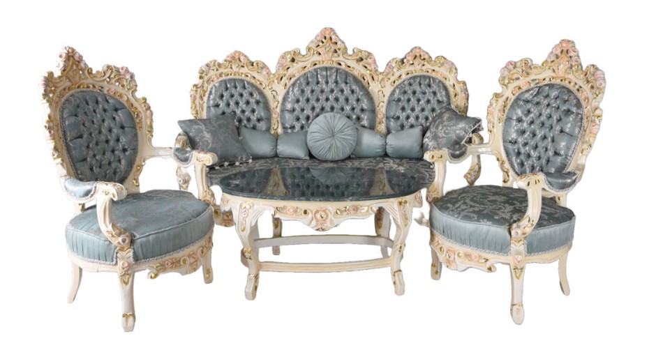 Set baroc living din lemn masiv alb cu tapiterie bleu din matase CAT403 ...