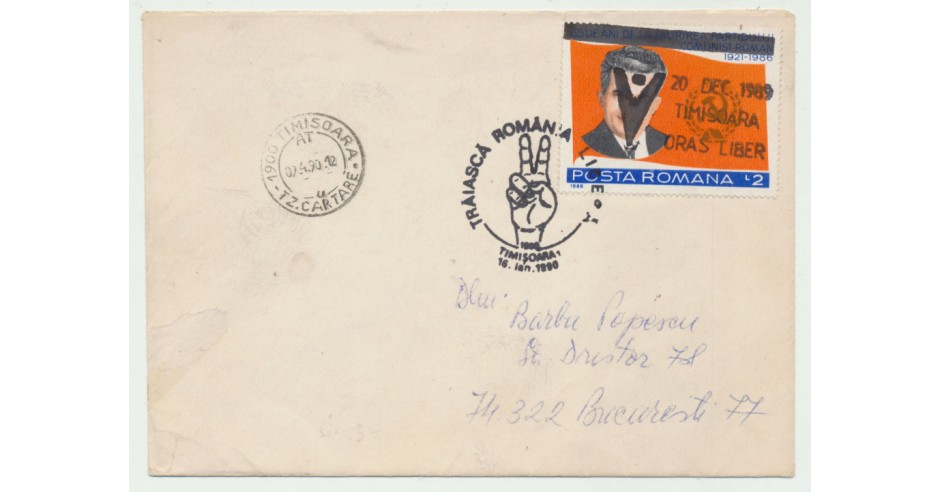 Romania 1990 plic circulat efectiv timbru Ceausescu sursarj Timisoara ...