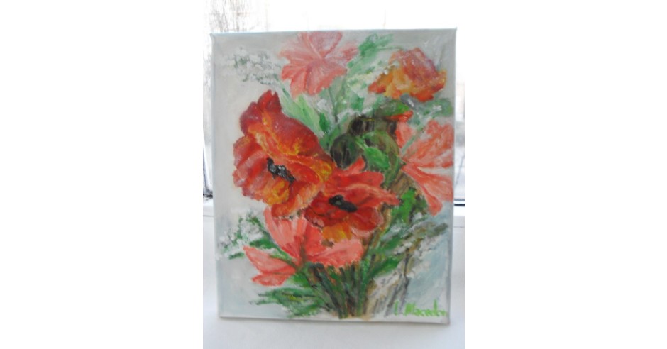 Maci in gradina-pictura ulei pe panza | arhiva Okazii.ro