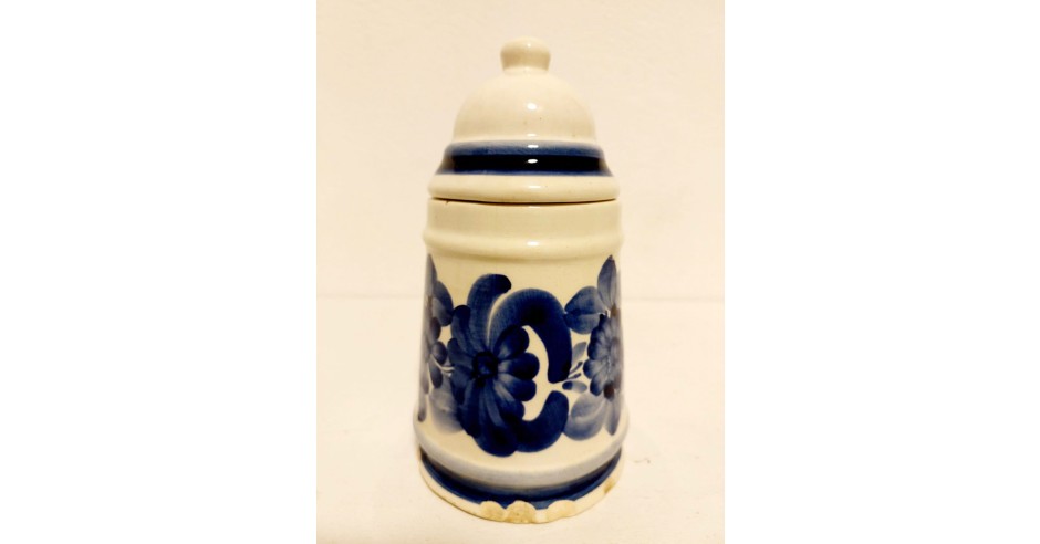 Vas ceramic cu capac, vintage, decorat cu flori albastre, din Cehia ...