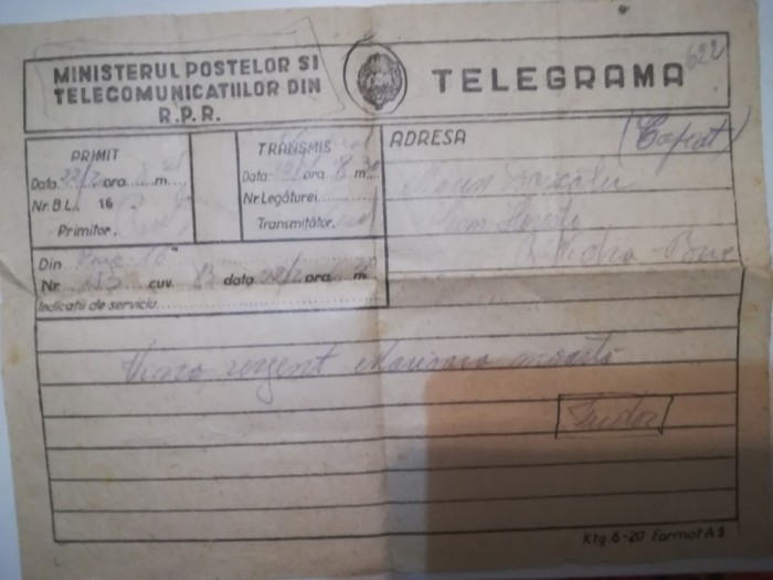 Telegrama anunt deces, anii 50, RPR, de la Bucuresti la Herasti, Ilfov ...