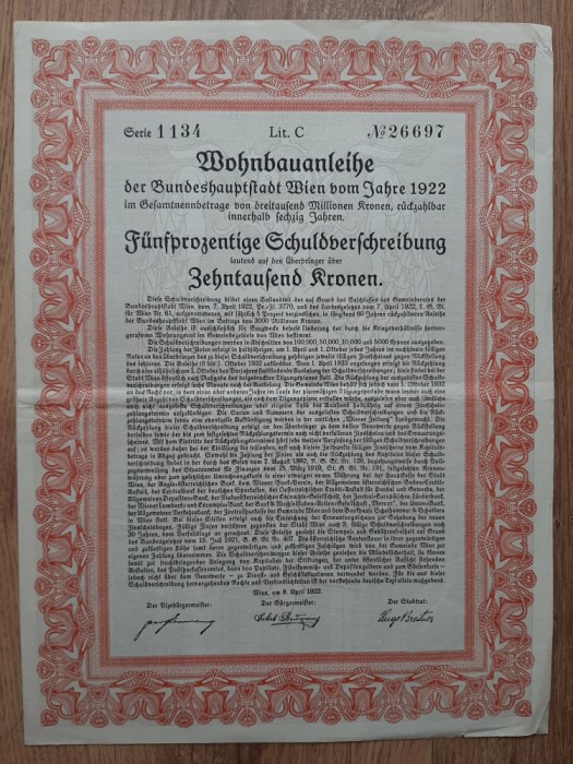 Obligatiuni titluri de stat pt constructia de locuinte Viena 1922 ...