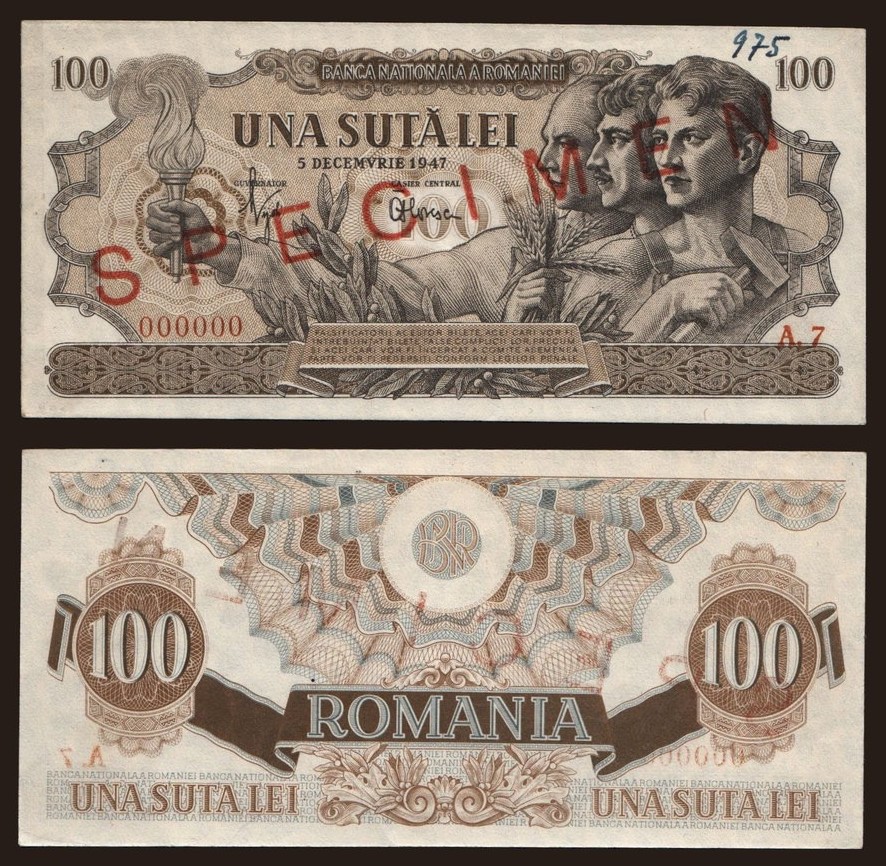 Bancnote romanesti, bani vechi, 100 lei 1947 -SPECIMEN -XF | arhiva ...