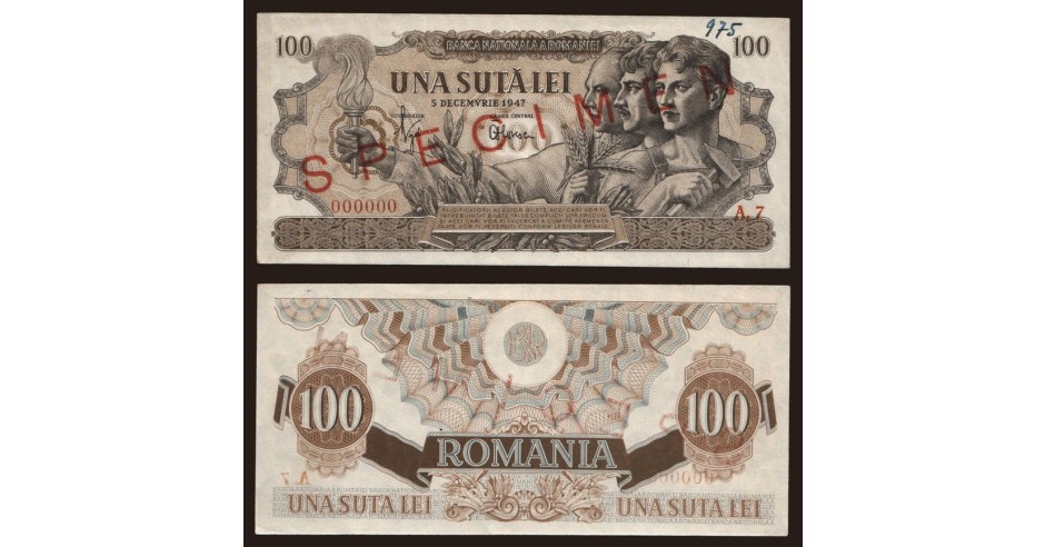 Bancnote romanesti, bani vechi, 100 lei 1947 -SPECIMEN -XF | arhiva ...