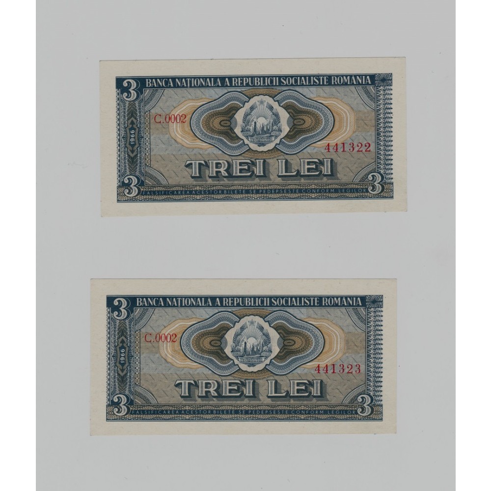 3 lei 1966 UNC bancnote cu serie consecutiva Romania ( bani leu ...