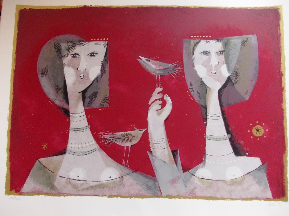 Sami Briss, n.1930 "Fetele cu pasarele", litografie colorata, numeroata ...