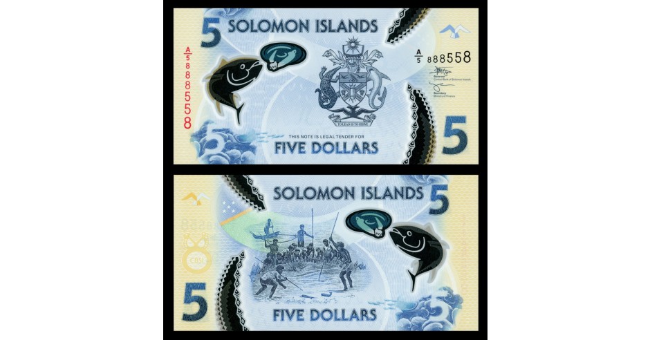 INSULELE SOLOMON bancnota 5 Dollars 2019 P-38 POLYMER semnatura 12 UNC ...
