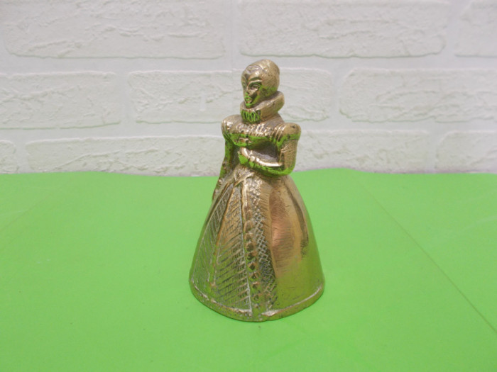 CLOPOT de masa VICTORIAN , masiv , din BRONZ , statueta DOAMNA cu ...