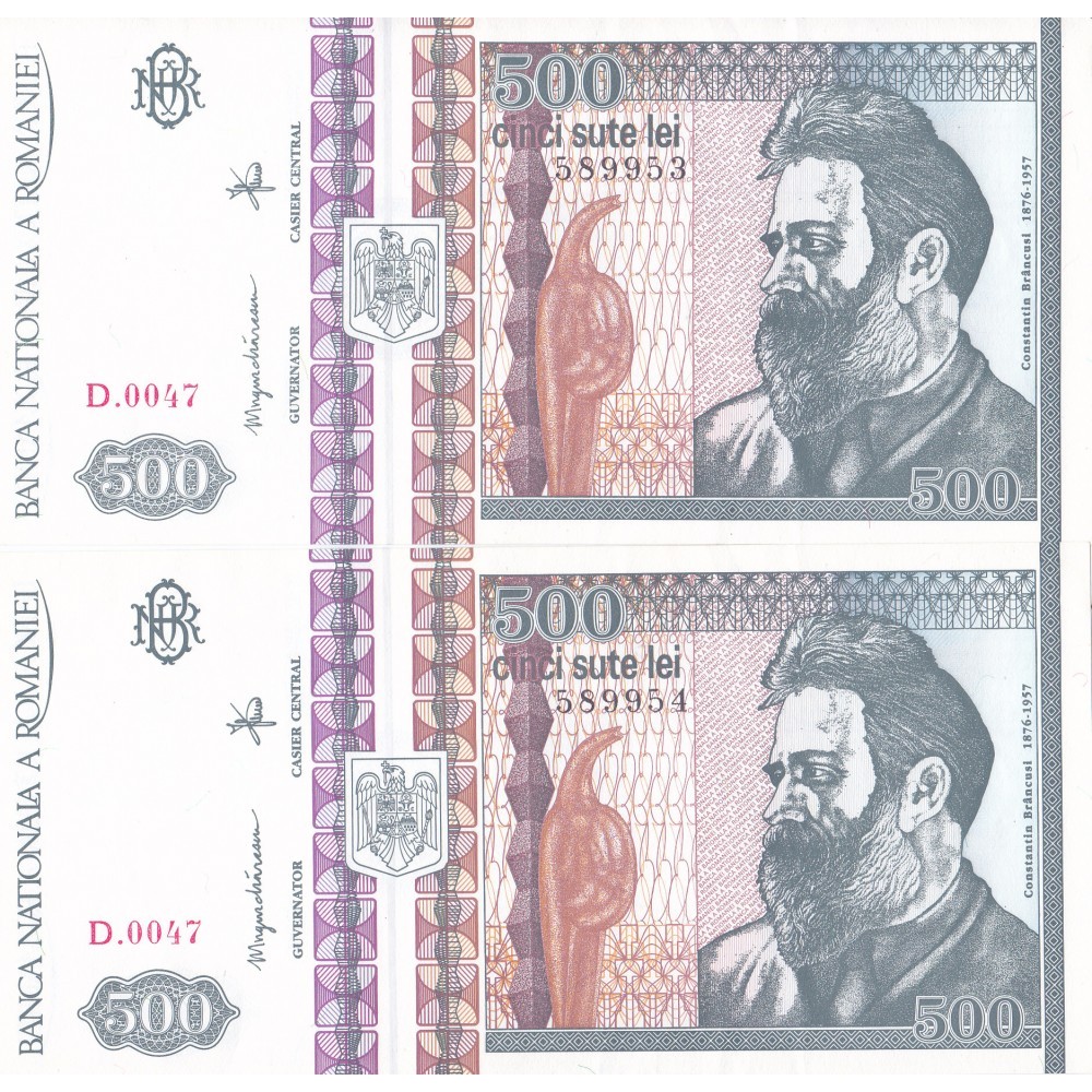 Bancnota Romania 500 Lei 1992 - P101b UNC ( set x2 consec. - filigran ...