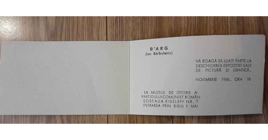 1968 Invitatie vernisaj B ARG, Ion Barbulescu la Muzeul Istorie al PCR ...