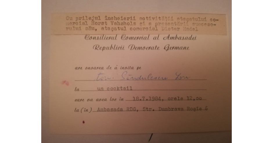1984 Invitatie Ambasada RDG Bucuresti + plic comunism Horst Vahsholz ...