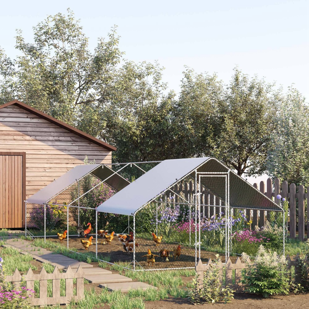 Cotet de gaini in aer liber PawHut cu Cadru Zincat si Plasa Hexagonala ...