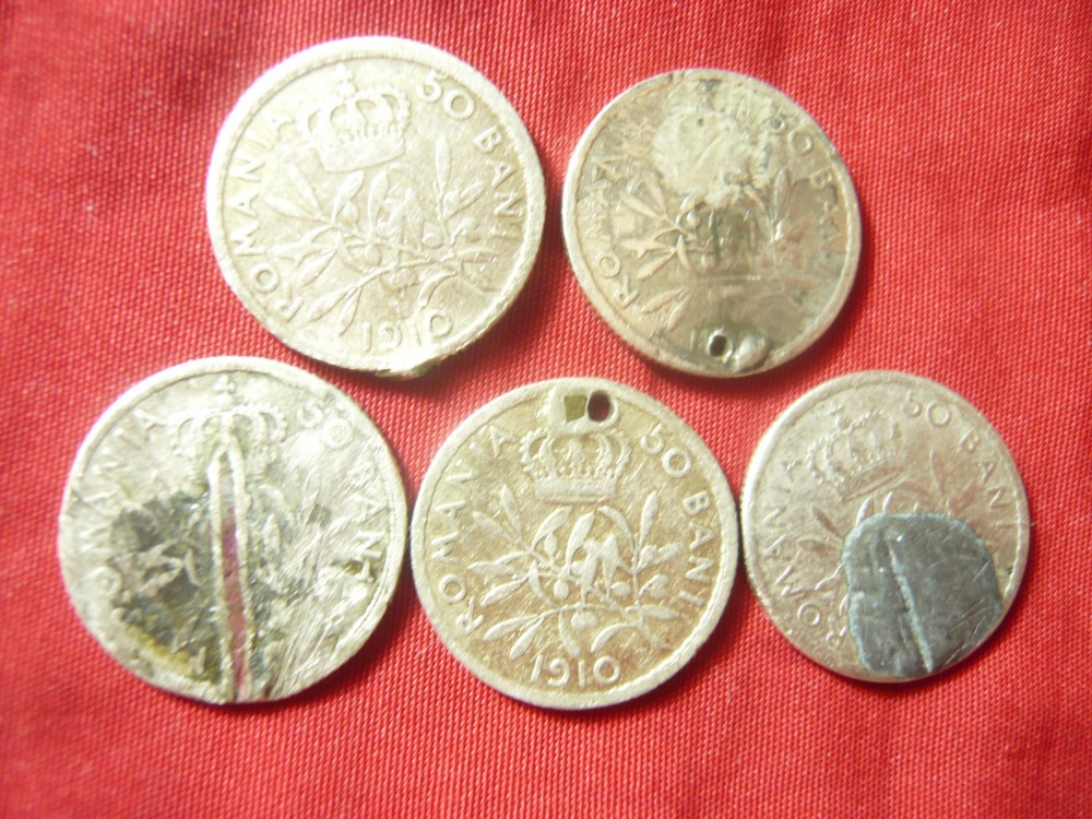 5 Monede 50 Bani Carol I ,argint ,gaurite pt. salba sau bratara ,sau ...