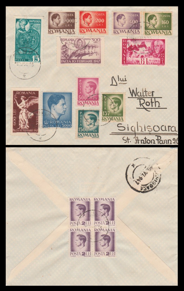 1947 Romania - Plic circulat Cluj Sighisoara, francatura spectaculoasa ...