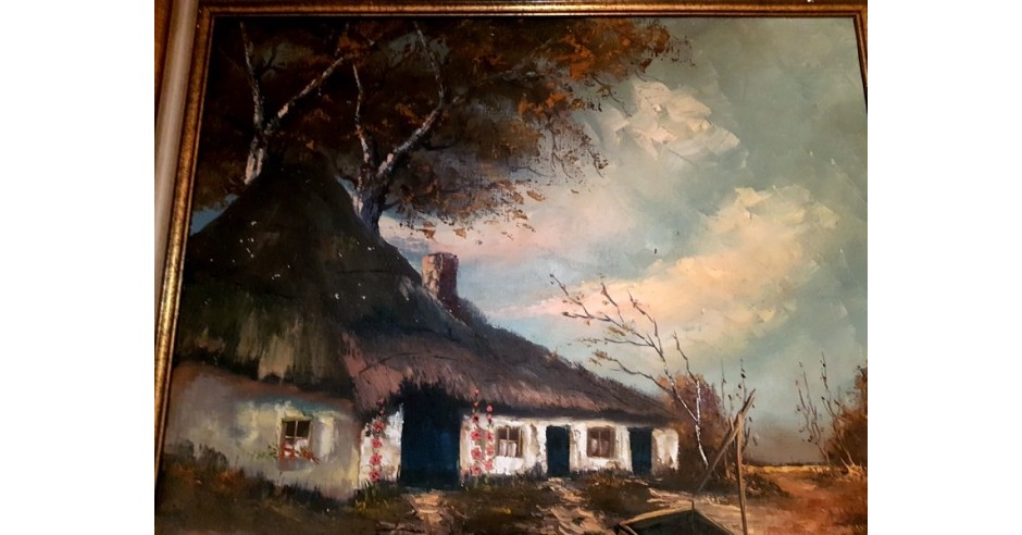 SAT ROMANESC PEISAJ TABLOU ULEI PE PANZA RAMA ANII 1940-1950 Romania ...