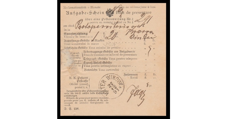 1891 Bucovina, Aviz mandat postal bilingv Vicovul de Jos, stampila ...