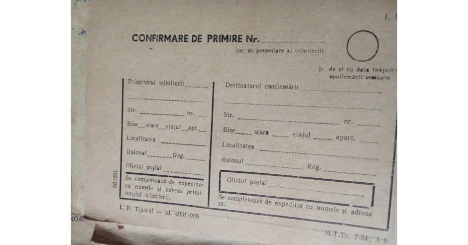 Plic cu Stampila Posta Romana (confirmare de primire 1966) | Okazii.ro