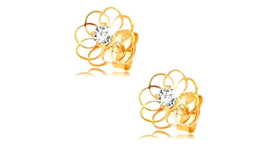 Cercei din aur 585 - contur subțire de floare cu zirconiu transparent ...