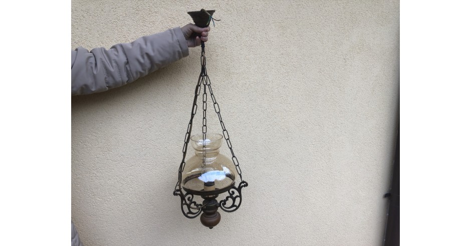 Candelabru,lustra,lampa rustica germana din bronz cu lemn,abajur din ...