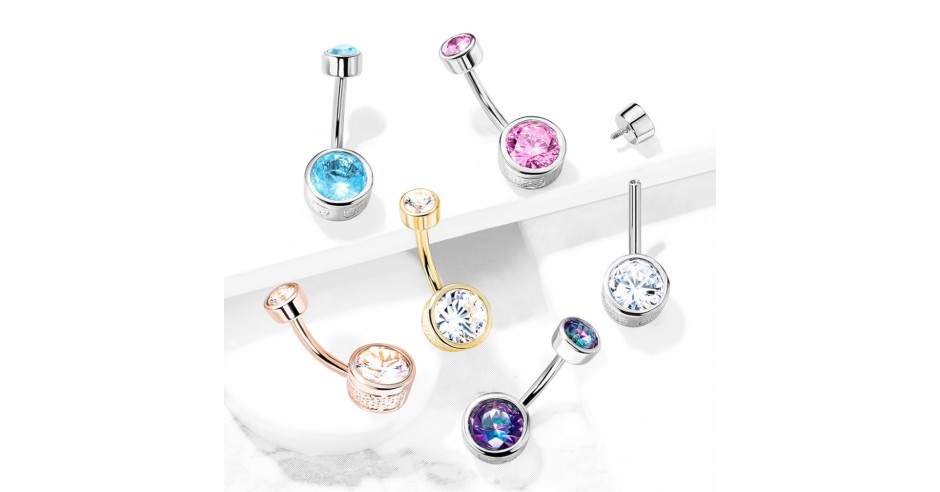 Piercing pentru buric, din o?el, cu filet interior - zircon rotund ...