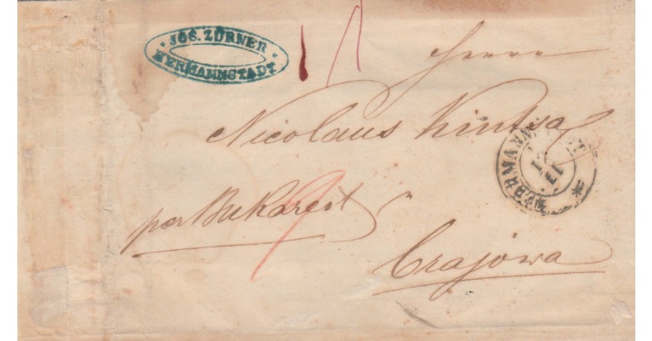 1854 Scrisoare rara Posta Austriaca in Romania, stampile HERMANNSTADT ...