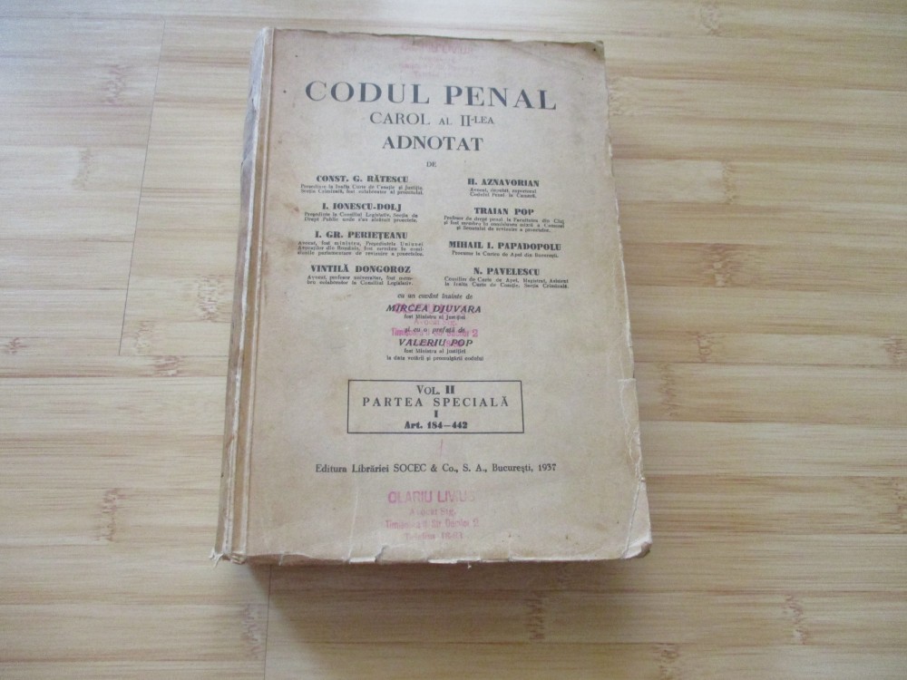 CODUL PENAL CAROL AL II-LEA ADNOTAT VOL 2- PARTEA SPECIALA 1937 ...