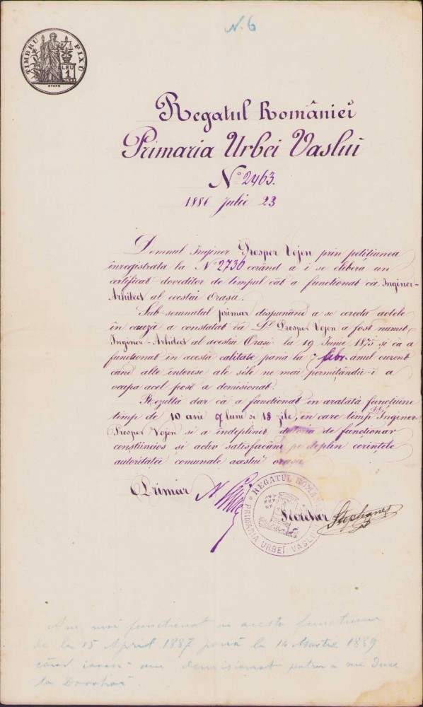 S338 Semnatura olografa primar Vaslui 1886 certificat inginer-sef ...
