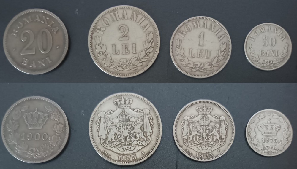 Monede romanesti, 1 leu 1873, 2 lei 1873, 50 bani 1873 -Argint, 20 bani ...