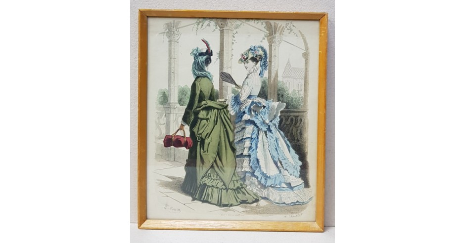 DOAMNE IN TINUTE DE PROMENADA , MODA PARIZIANA , GRAVURA ORIGINALA ...