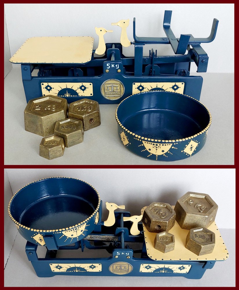 Cantar 5 kg bacanie cu 4 greutati produs Balanta Sibiu 1958, restaurat superb | arhiva Okazii.ro