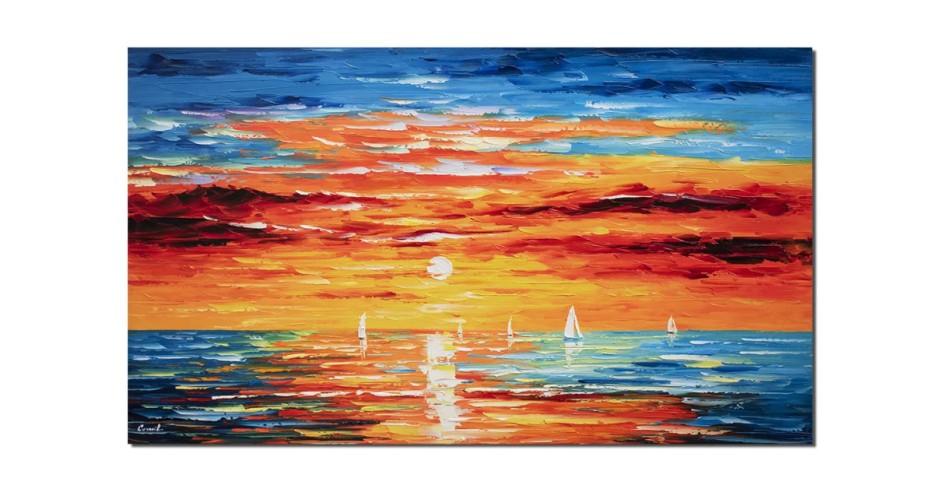 Apus de soare cu veliere, tablou pictat manual 120x70cm ulei pe panza ...