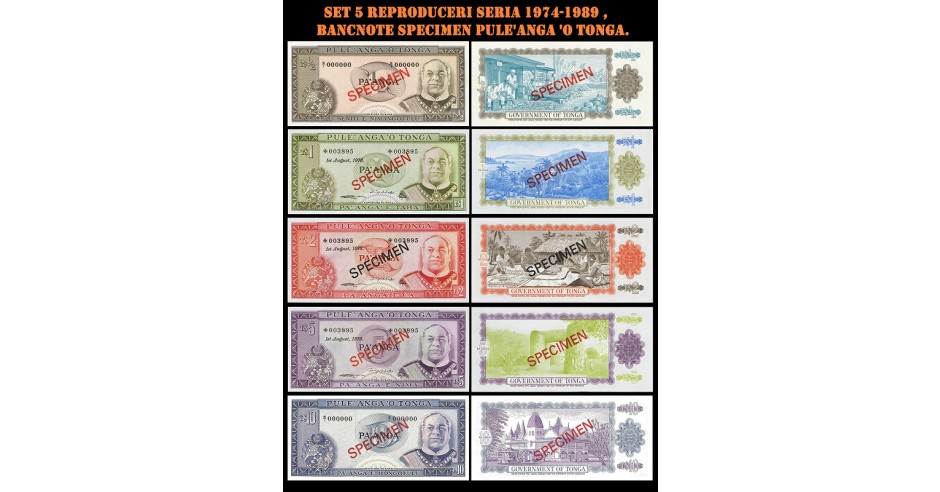 5 reproduceri Seria 1974-1989 ,bancnote SPECIMEN Pule'Anga 'O Tonga ...