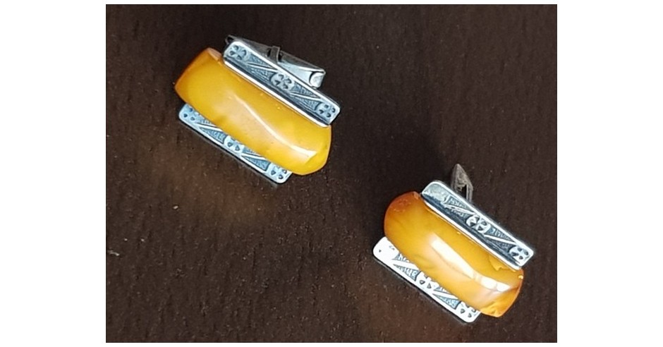 Butoni camasa CHIHLIMBAR Butterscotch BALTIC argint 875 poanson vechi ...
