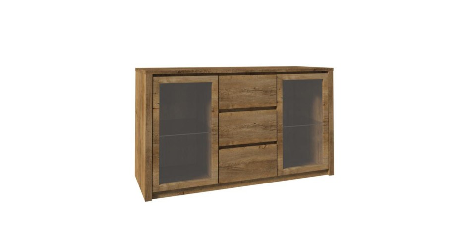 Comoda cu doua usi din sticla si trei sertare, stejar lefkas inchis ...