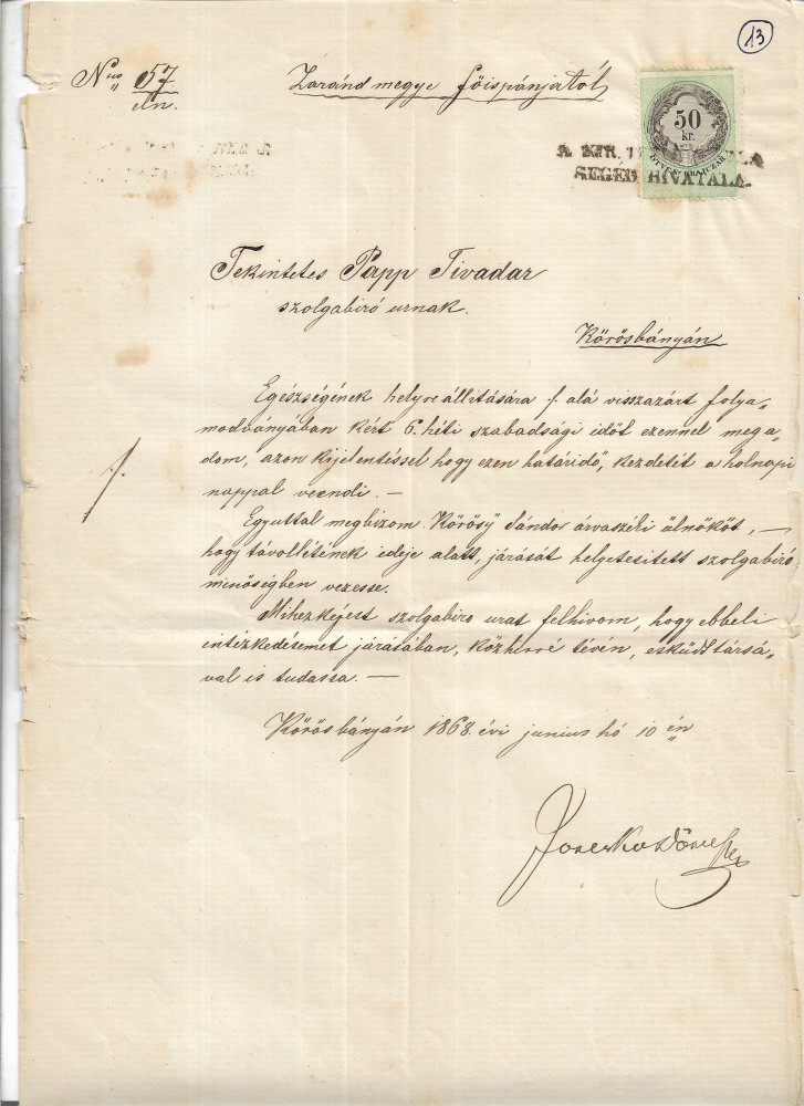 Adeverinta Teodor Pop 1871 semnat olograf Amos Francu sigiliu comitat ...