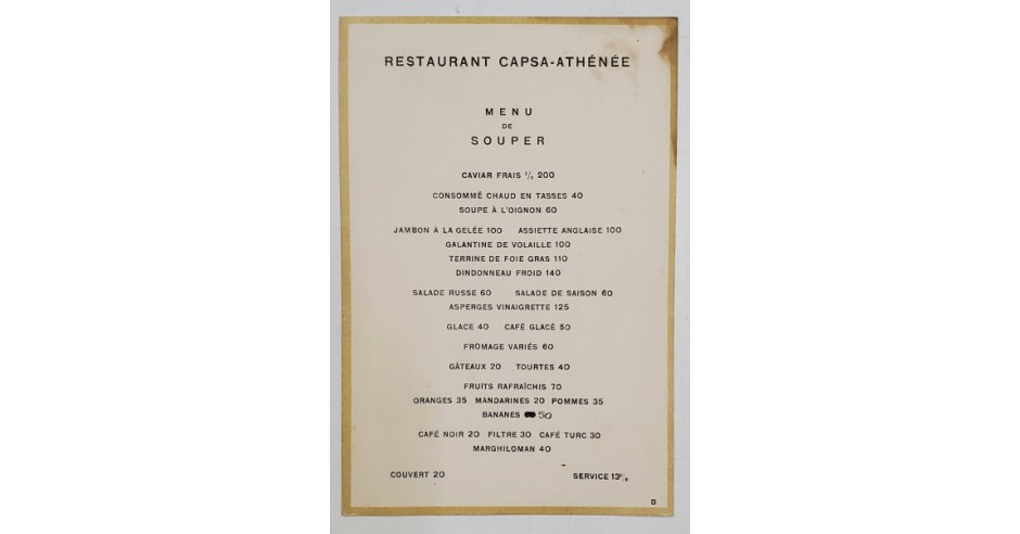 MENIUL UNUI DEJUN LA RESTAURANTUL CAPSA - ATHENEE DIN BUCURESTI , SCRIS ...