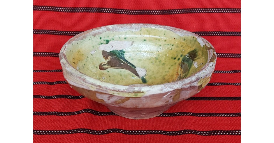 Castron adanc romanesc din ceramica pictata la interior, olarit vechime ...