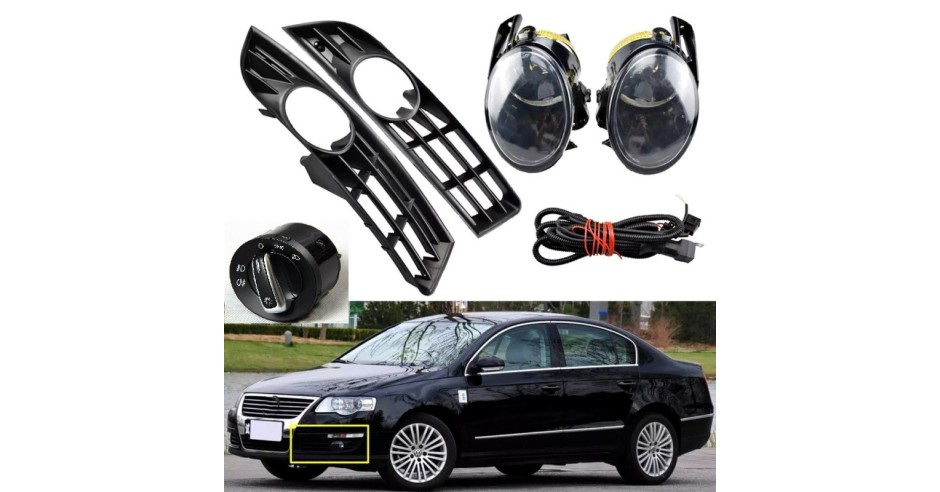 Kit Proiectoare Ceata VW Passat B6 (2005-2011) cu Lupe, Grile, Becuri, Cablaj, Bloc Lumini ...